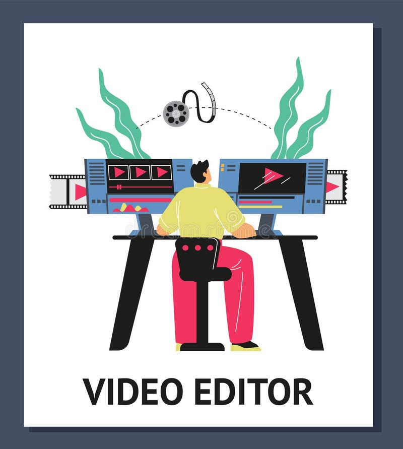 Man Video Maker Sitting at Desk and Editing Video with Editing Software ...