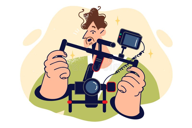 Man Videographer Holds Camera Mounted on Stabilizer To Shoot Video with ...