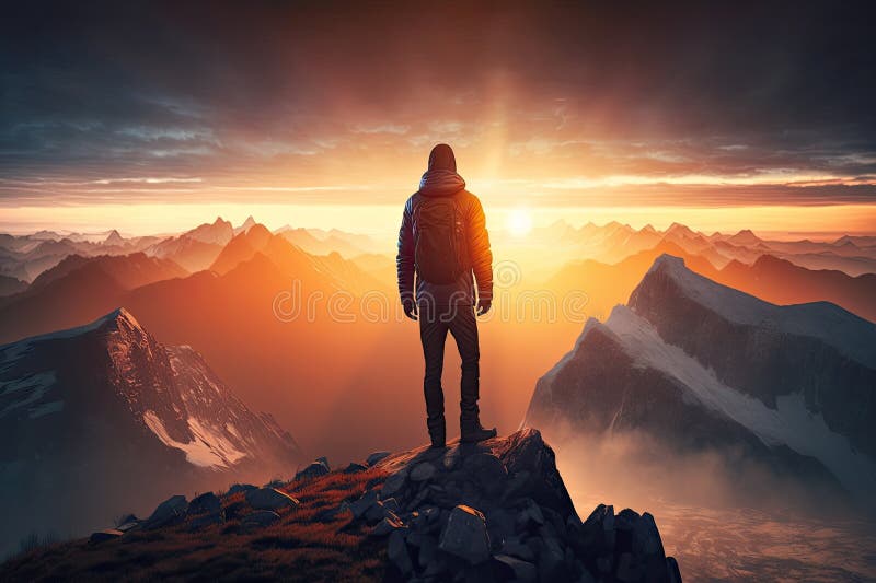 Man, with View of the Sunrise, Standing on Mountaintop Stock ...