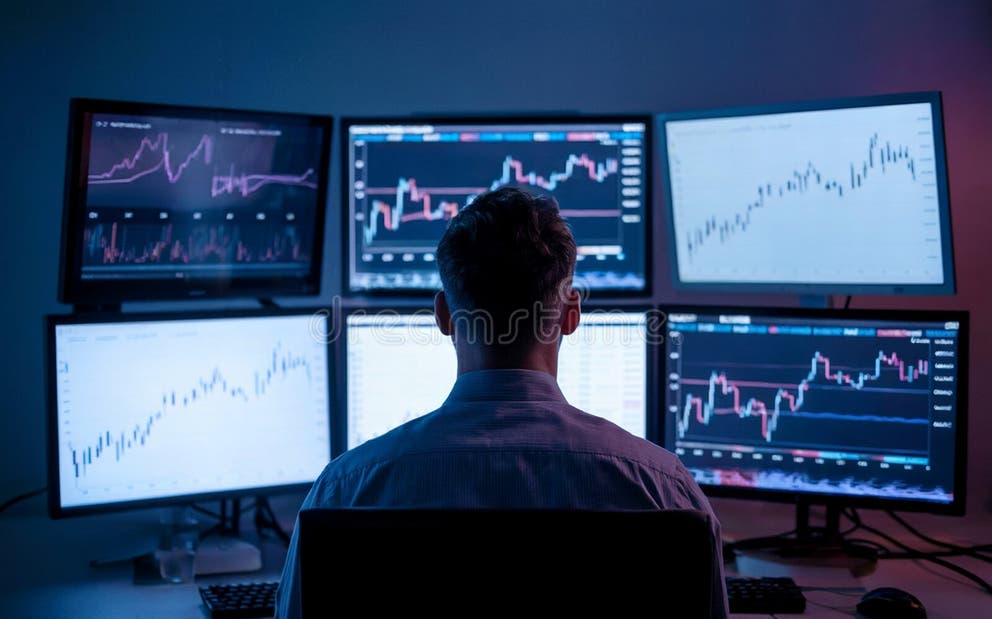 A Man, Viewed from Behind, Sitting in Front of a Desk with Multiple ...