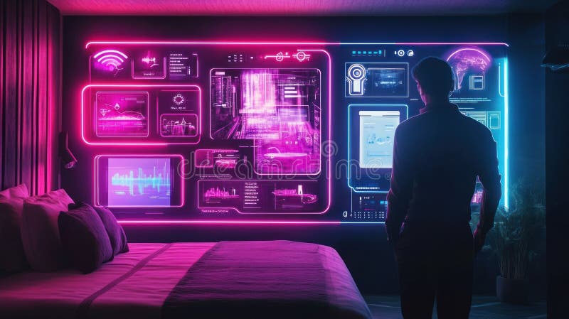 Man Viewing Futuristic Smart Home Interface on Large Wall Screen in ...
