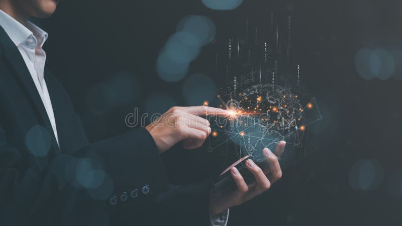 A Man and Virtual Icon,modern Cyberspace Network Technology Concept,to ...