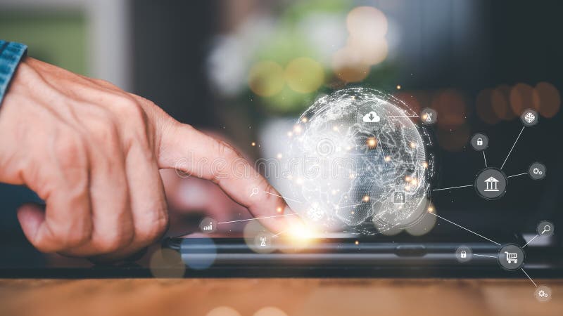 A Man and Virtual Icon,modern Cyberspace Network Technology Concept,to ...