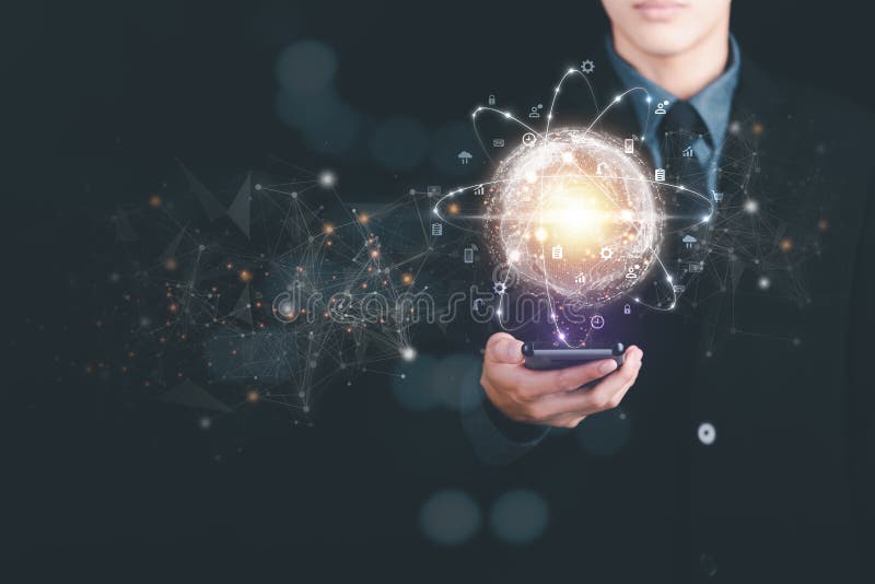 A Man and Virtual Icon,modern Cyberspace Network Technology Concept,to ...