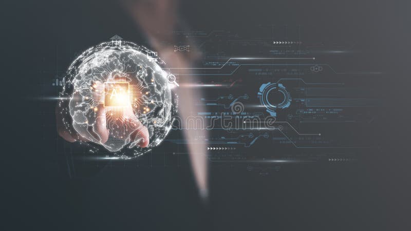 A Man and Virtual Icon,modern Cyberspace Network Technology Concept,to ...