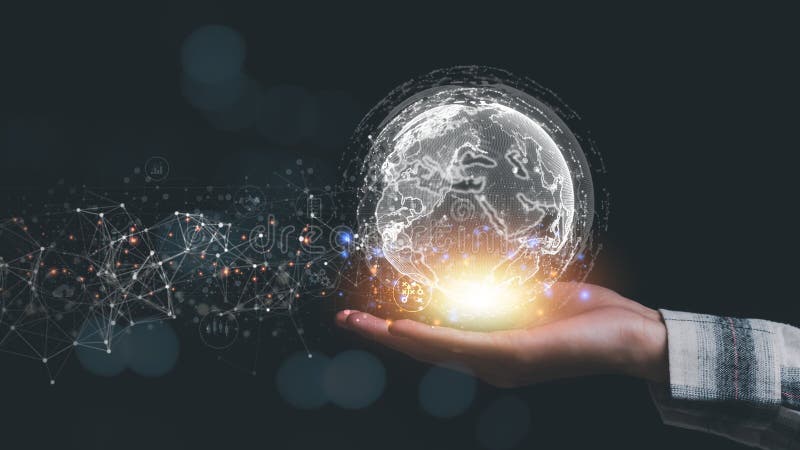 A Man and Virtual Icon,modern Cyberspace Network Technology Concept,to ...