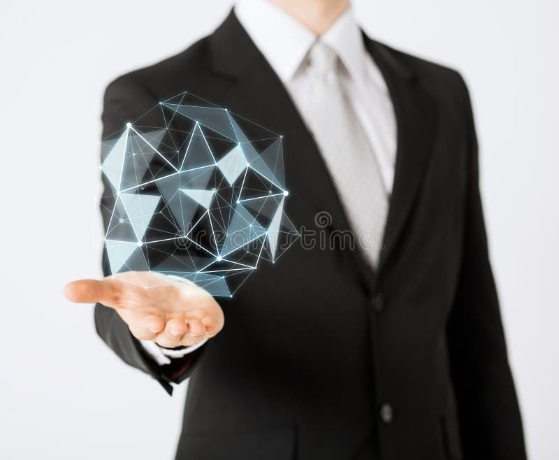 Man with Virtual Low Poly Projection on Hand Stock Image - Image of ...