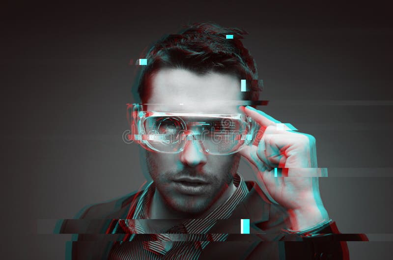 Man in Virtual Reality or 3d Glasses with Glitch Stock Image - Image of ...