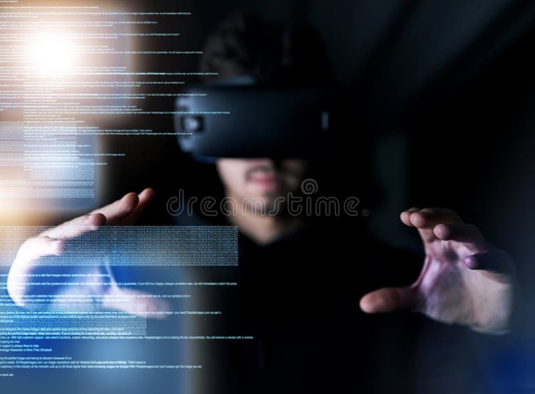Man, Virtual Reality and Hands with Hologram Overlay for Code, it or ...