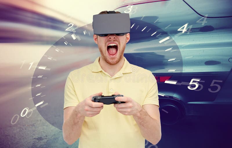 Man in Virtual Reality Headset and Car Racing Game Stock Photo - Image ...