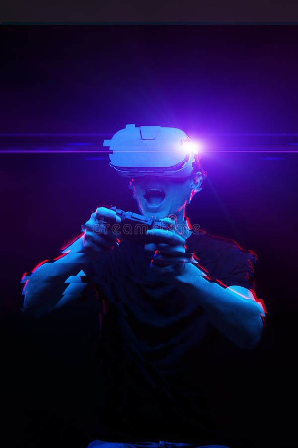 Man with Virtual Reality Headset is Playing Game. Image with Glitch ...