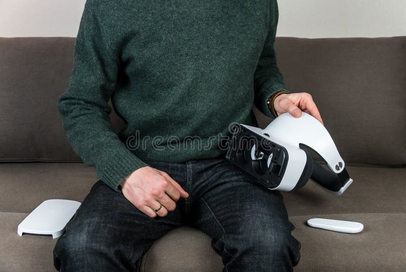 Man and Virtual Reality Headset with Remote Control Stock Image - Image ...