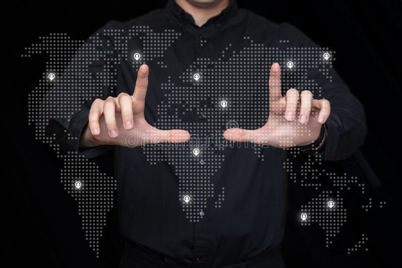 A Man on a Virtual Screen Examines a Map Stock Image - Image of global ...
