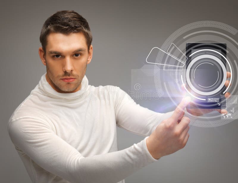 Man with virtual tablet pc stock photo. Image of network - 38321516