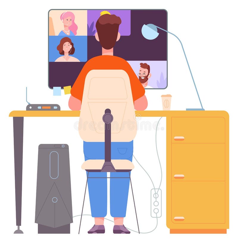 Man on Virtual Work Meeting. Video Conference Call Stock Image - Image ...