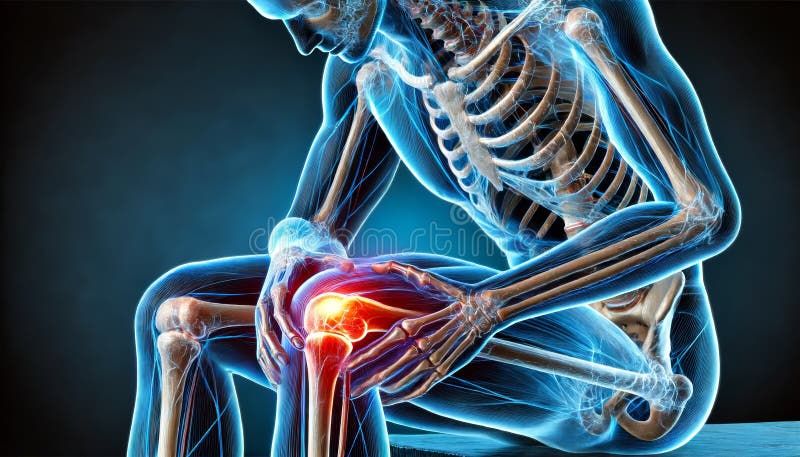 A Man with a Visible Skeleton Experiences Pain in His Knee Joint Stock ...