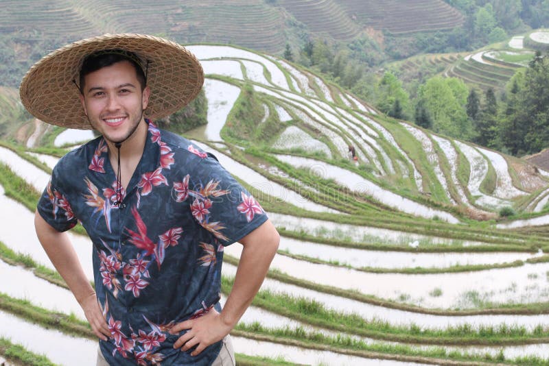 Man Visiting Traditional Asian Rice Fields Stock Photo - Image of ...