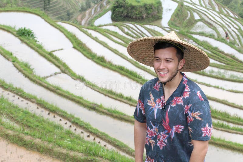 Man Visiting Traditional Asian Rice Fields Stock Photo - Image of food ...