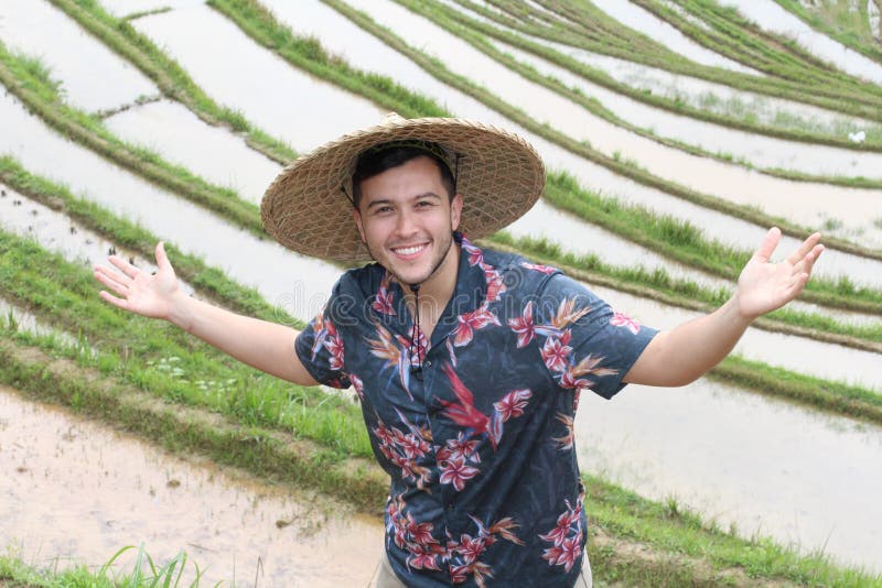 Man Visiting Traditional Asian Rice Fields Stock Photo - Image of ...