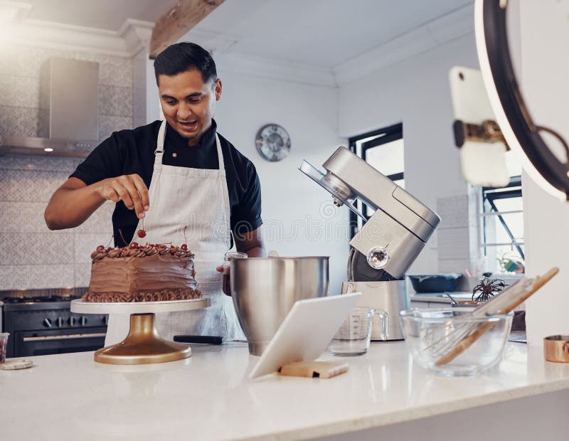 Man, Vlog and Baking Chocolate Cake in Kitchen, Live Streaming and ...