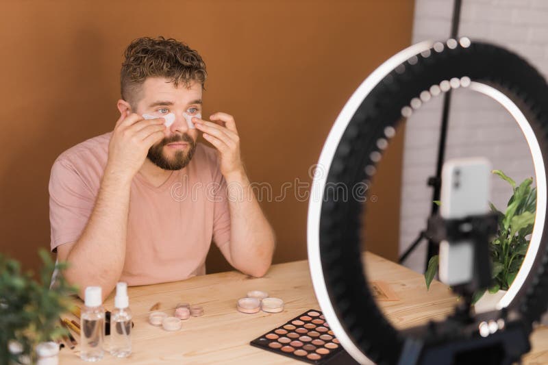 Man Vlogging about Make Up and Beauty Products. Male Shooting a Makeup ...