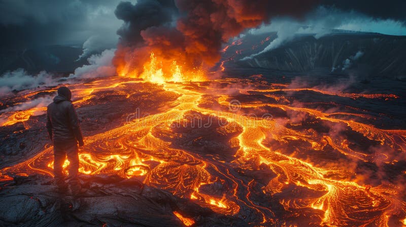 Man and volcanic eruption stock image. Image of hiking - 367472451