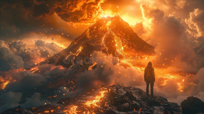 Man and volcanic eruption stock photo. Image of hiking - 367472578