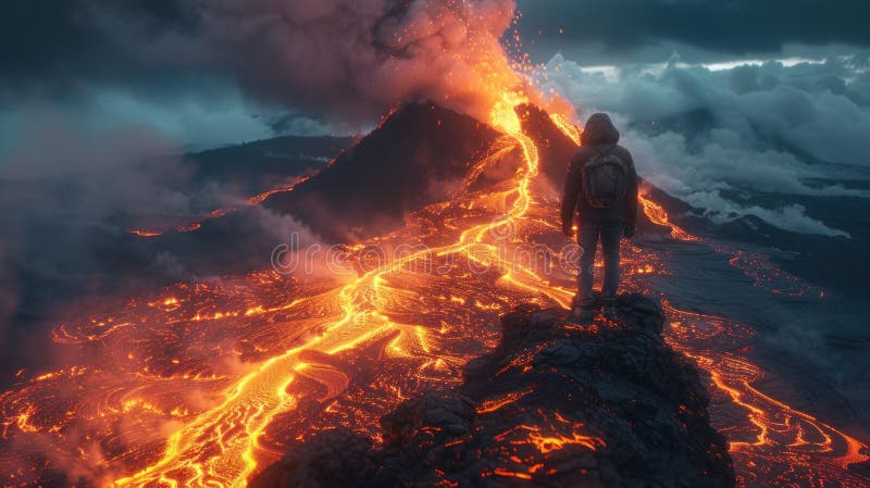Man and volcanic eruption stock photo. Image of steam - 367472618