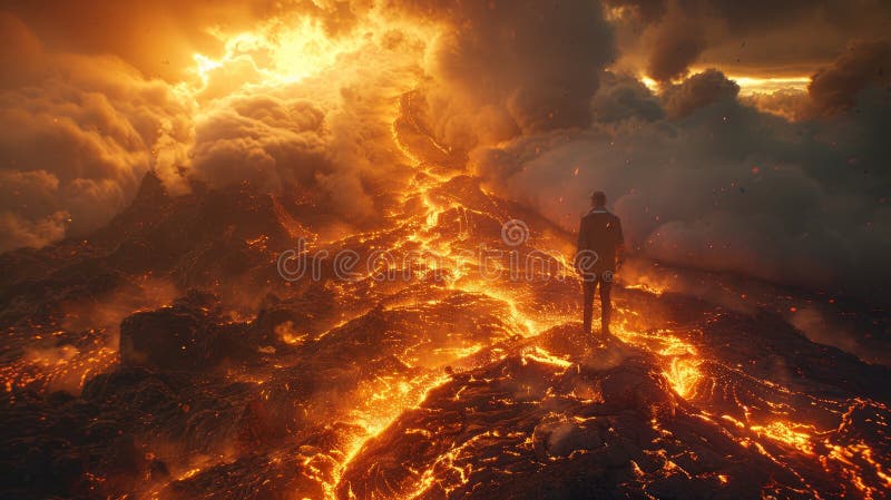 Man and volcanic eruption stock photo. Image of scenery - 367472626