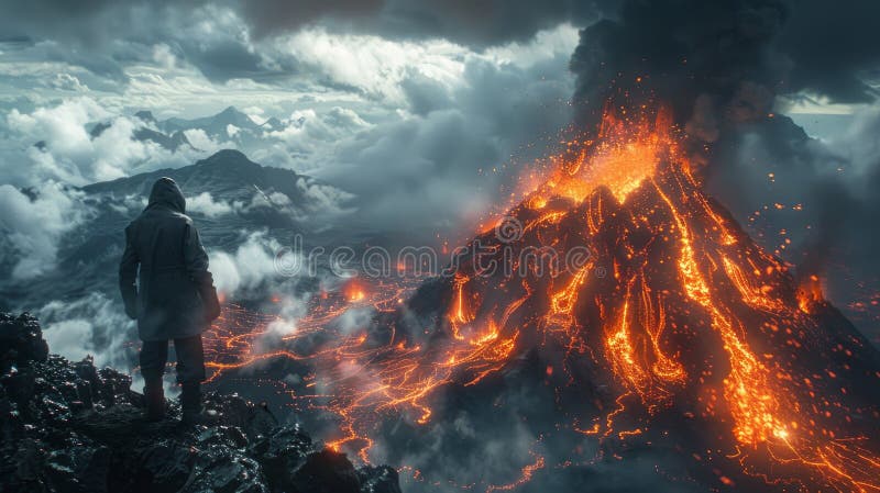 Man and volcanic eruption stock image. Image of sunrise - 367472565