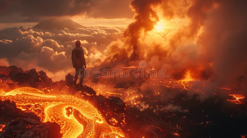 Man and volcanic eruption stock image. Image of mist - 367472603