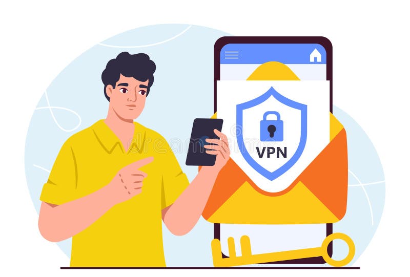 Man with Vpn. Young Guy with Mobile Application for Smartphone. Virtual ...