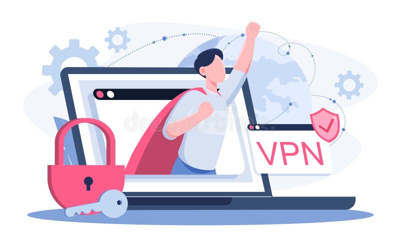 Man with Vpn. Young Guy in Superhero Cape on Laptop Screen. Virtual ...