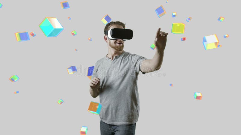 Man with VR Gear Glasses within Interactive Space Touch Virtual Cubes ...