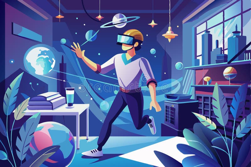 Man in VR Glasses Vector Illustration. Window Interfaces with Space, Cityscape Stock Vector ...