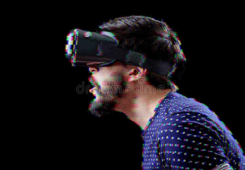 Man with VR Goggles Over Digital Glitch Effects Stock Photo - Image of ...