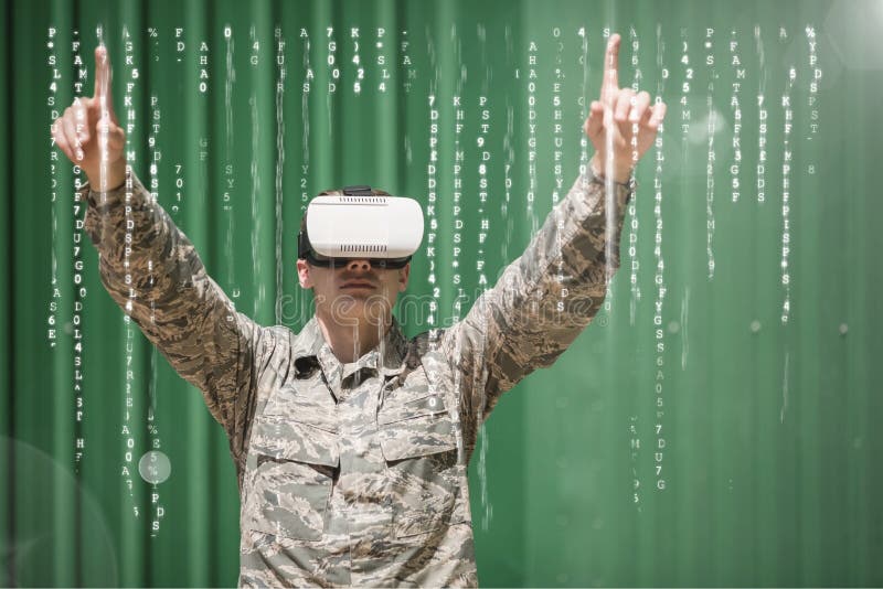 Military Man in VR Headset Touching Interface Against Green Background ...