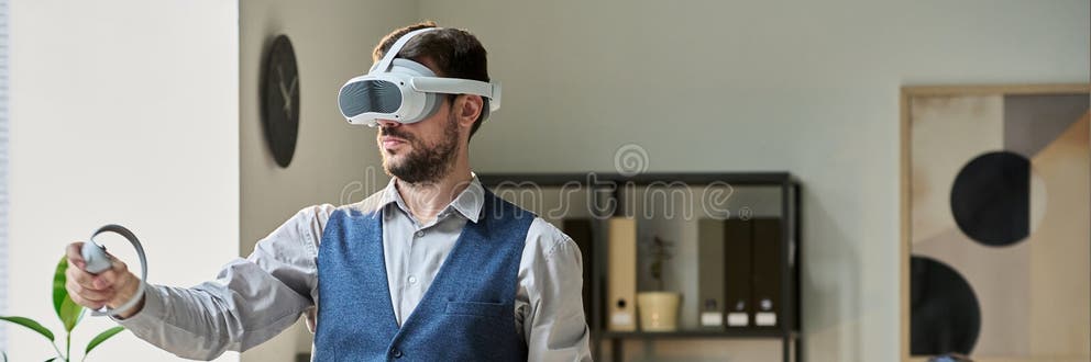 Man with VR Headset and Controllers Stock Image - Image of immersive ...