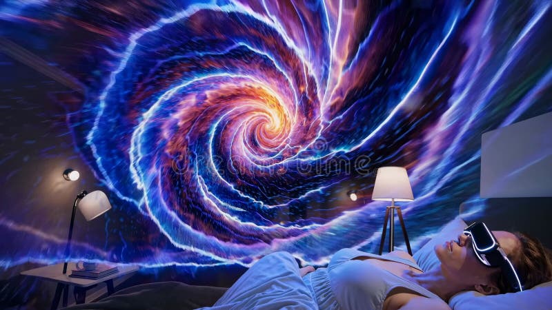 Man with VR Headset Experiencing Blue Spiral Galaxy Visualization Stock ...