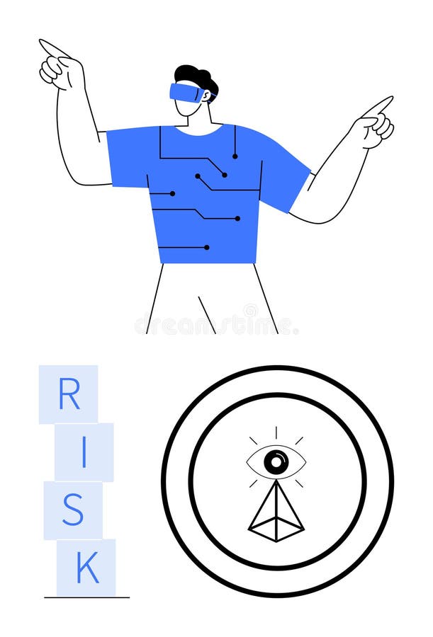 Man in VR Headset Explores Technology, Risk Blocks Stack, and Abstract ...