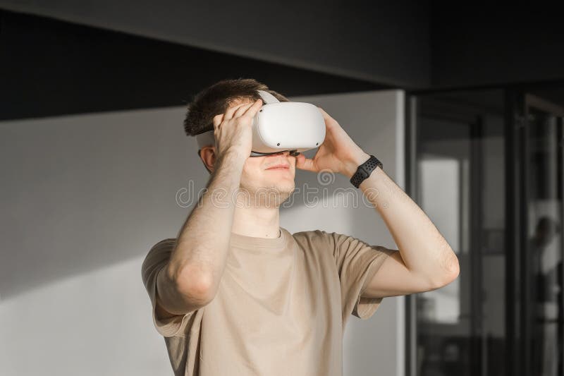Man in Vr Headset Exploring Metaverse World, Touching Virtual Reality ...