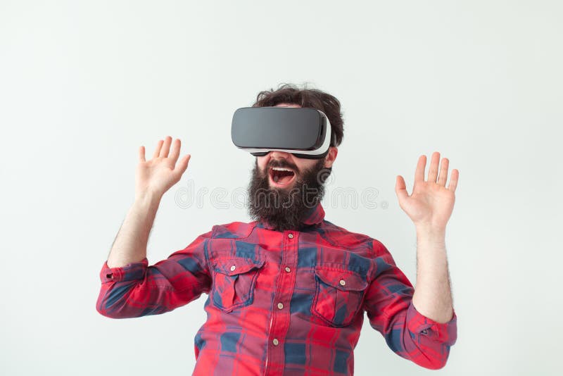 Man in VR Headset with Hands Up Stock Image - Image of entertainment ...