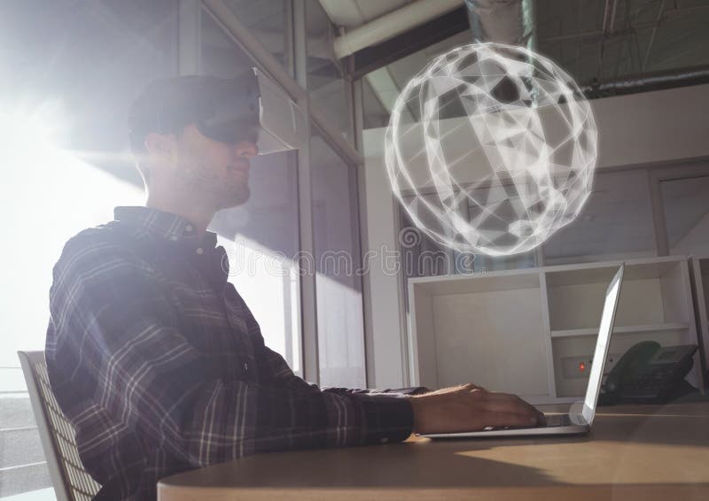 Man in VR Headset Looking at a 3D Sphere Interface Stock Photo - Image ...
