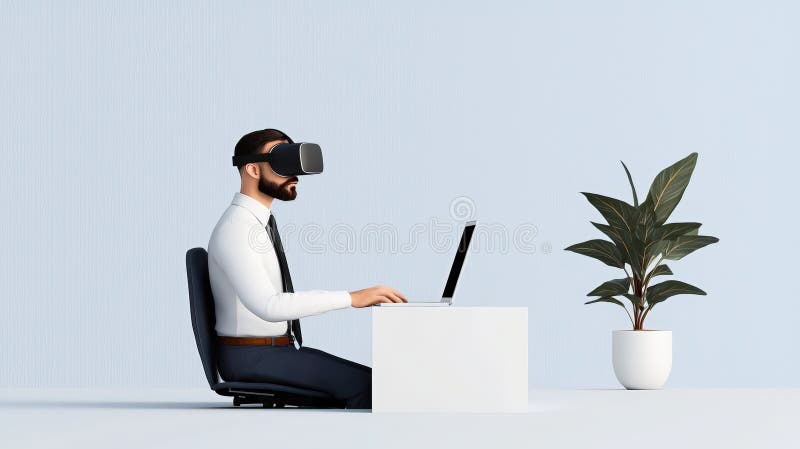 Man with VR Headset at a Modern Desk Stock Illustration - Illustration ...