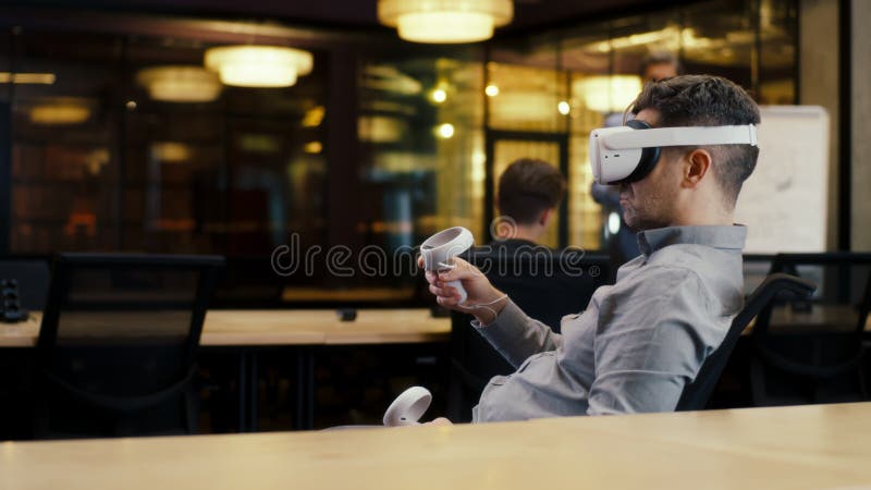 Man in VR Headset in Modern Office Stock Image - Image of data, device ...