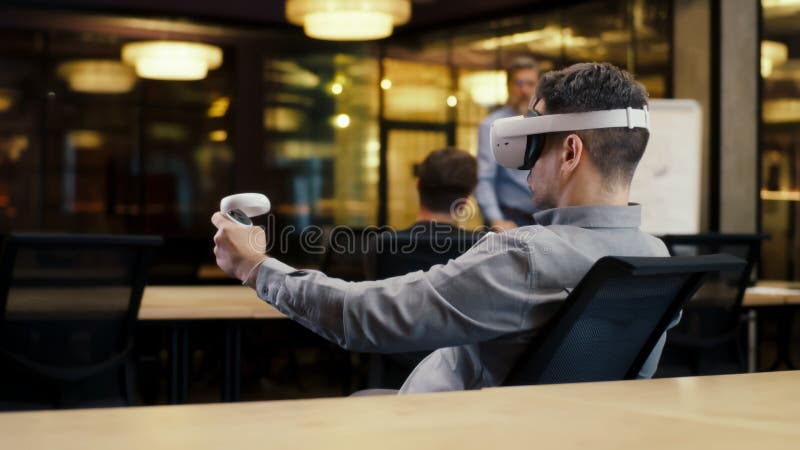 Man in VR Headset in Modern Office Stock Image - Image of innovation ...