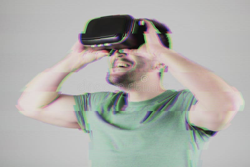 Man in VR-headset Over Glitch Effect Stock Image - Image of futuristic ...