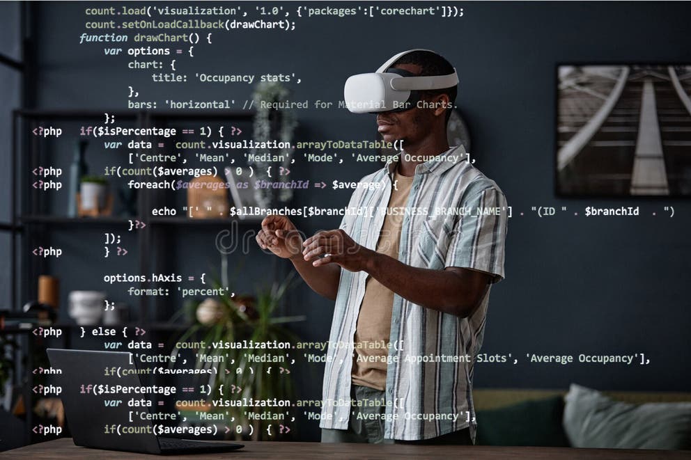 Man in VR Headset Standing in Living Room and Coding Stock Photo ...