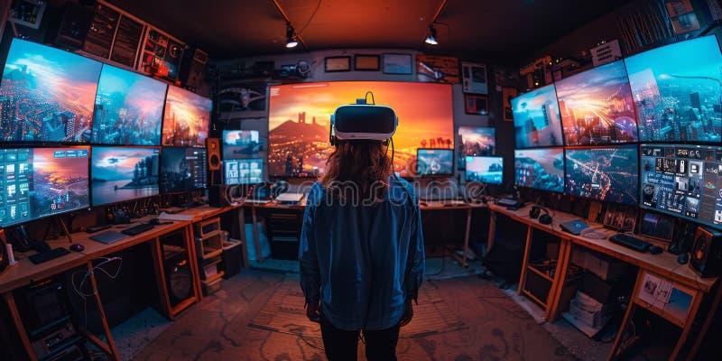 A Man in VR Headset Stands in Room with Computer Monitors Stock Image ...