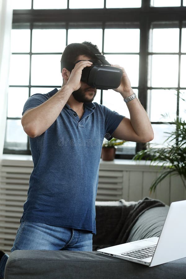 Man with VR headset stock image. Image of laptop, leisure - 90447979